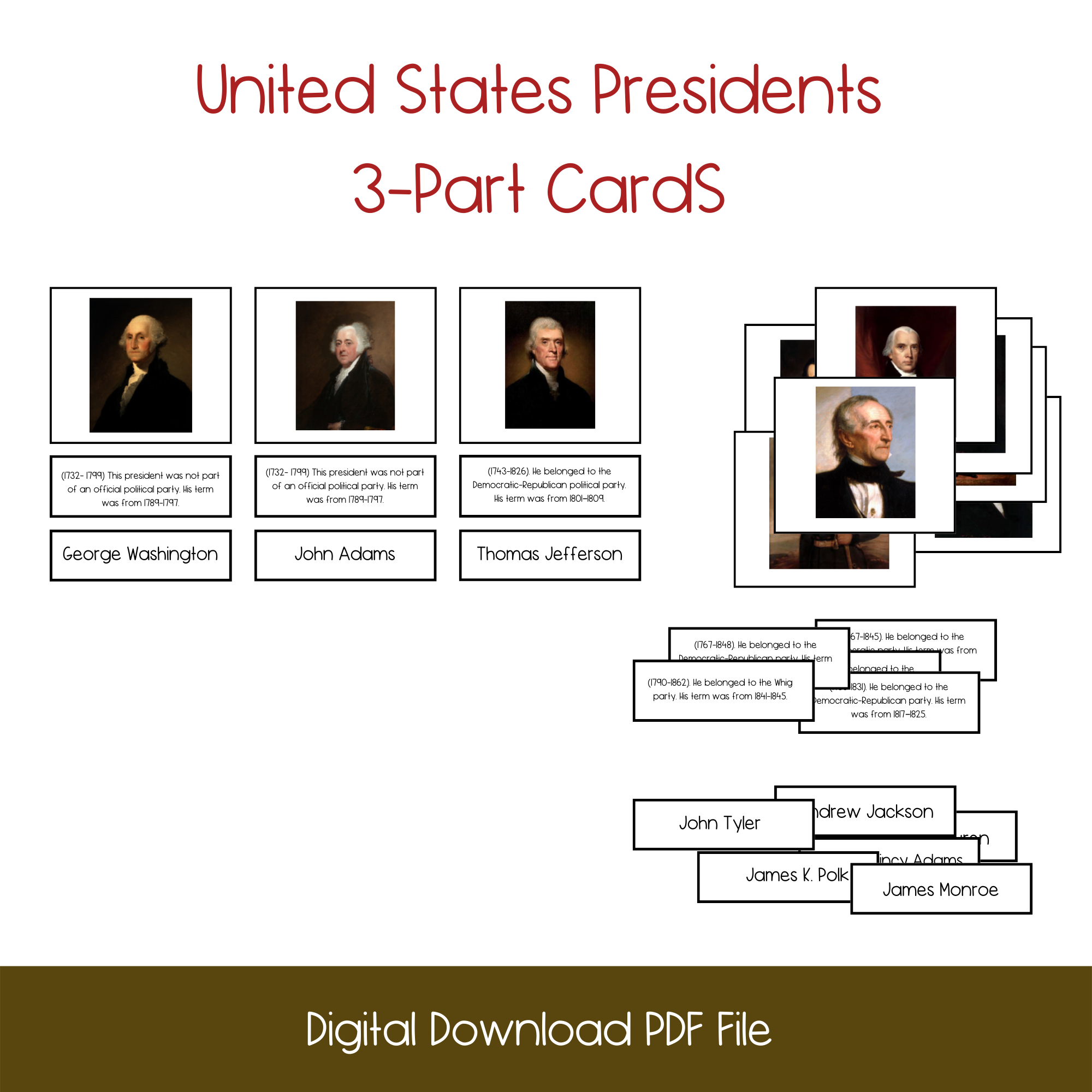 US Presidents 3-Part Cards – Montessori for Learning by Insightful Brain