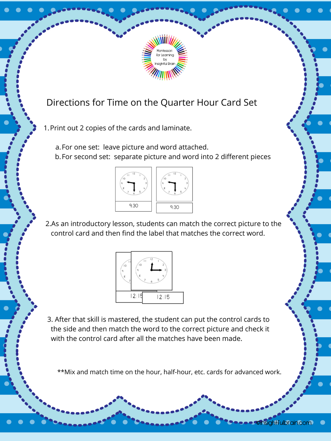 Time on the Quarter Hour Card Set – Montessori for Learning by ...