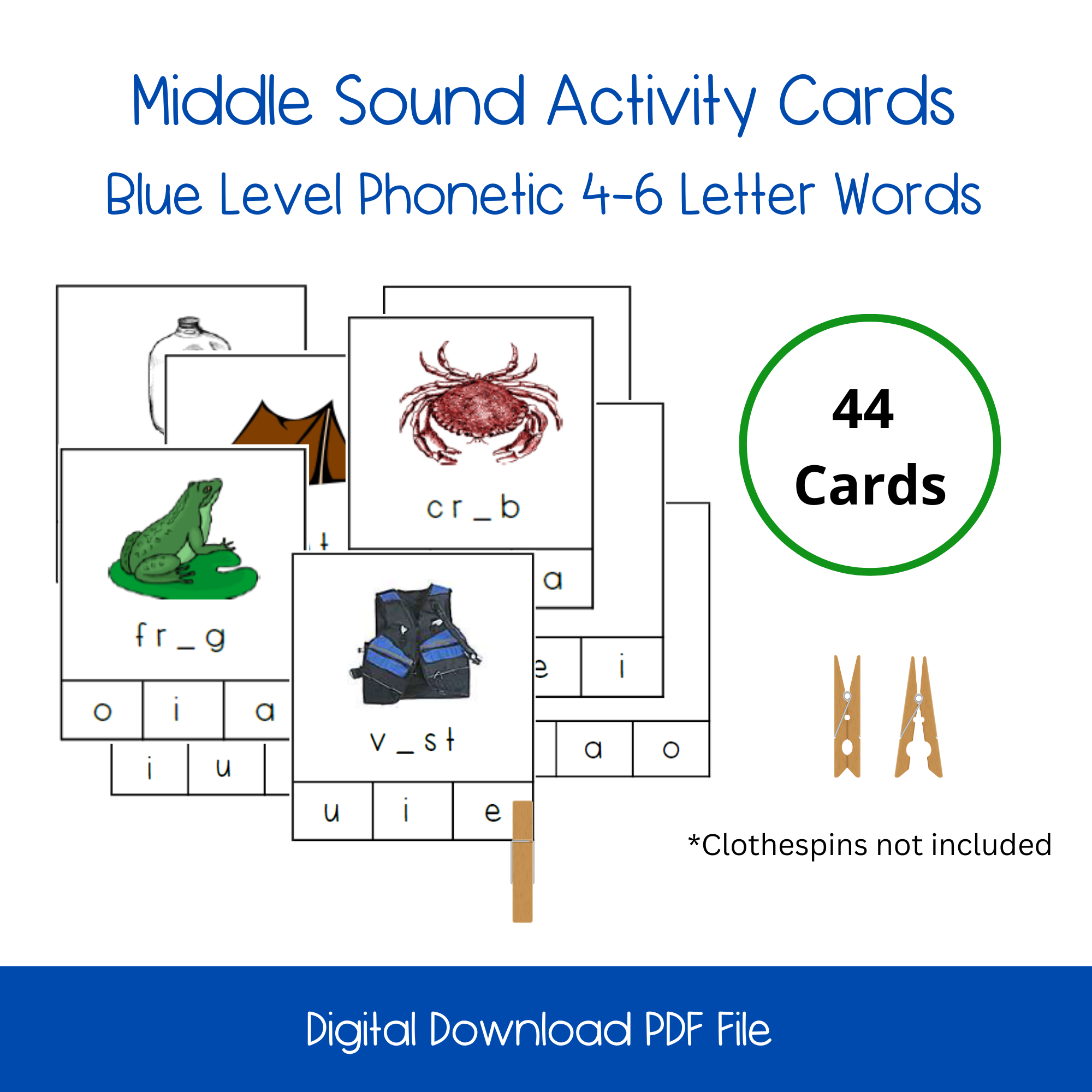 Blue Level Phonetic Middle Sound Clip Cards (4 to 6 letter Phonetic Wo ...